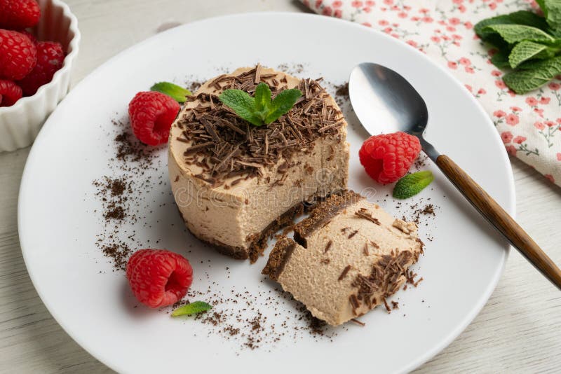 Delicious Chocolate Mousse Cake with Raspberries. Stock Photo - Image ...