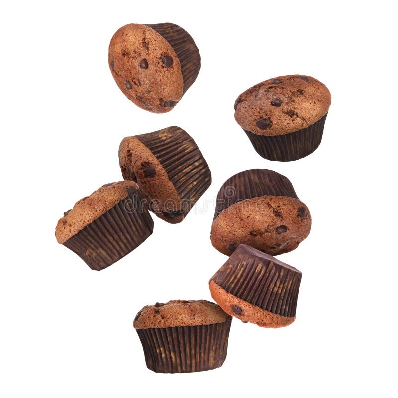 Delicious Chocolate Muffins in Air on White Background Stock Image ...