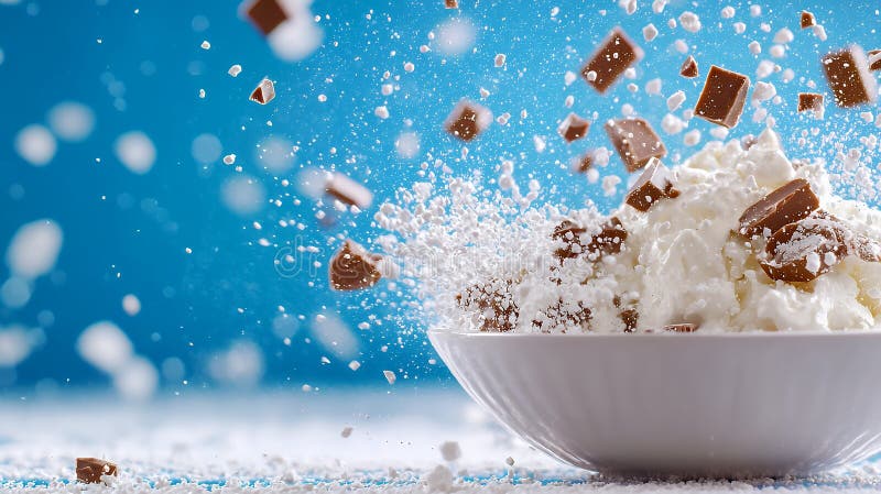 Chocolate and Creamy Dessert Exploding in White Bowl on Blue Background ...