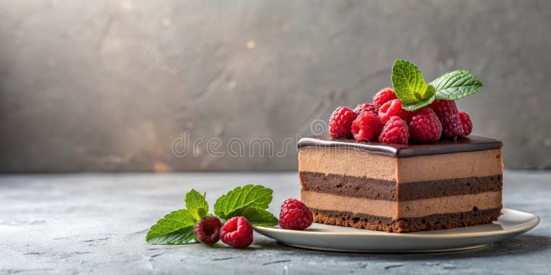 Delicious Chocolate Raspberry Mousse Cake Slice with Fresh Mint Garnish ...