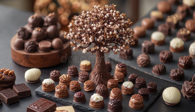 Delicious Chocolate Tree Surrounded by Pralines, Candies, and Assorted ...