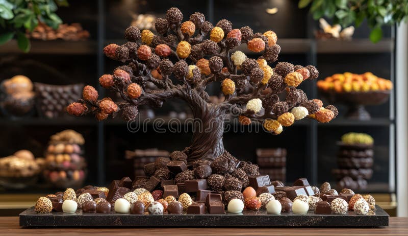 Delicious Chocolate Tree Surrounded by Pralines, Candies, and Assorted ...