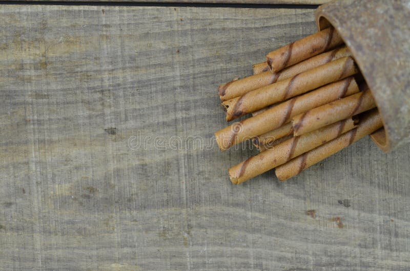 Delicious Chocolate Wafer Roll Stick on Wooden Background Stock Image ...