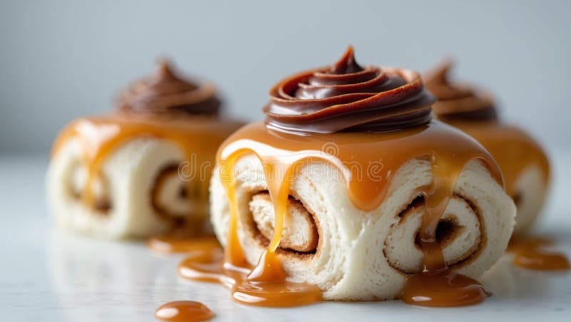 Delicious Cinnamon Roll with Caramel Drizzle and Chocolate Swirl Stock ...