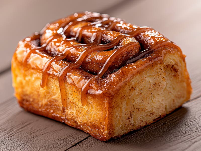 Delicious Cinnamon Roll with Caramel Drizzle on a Wooden Surface. Stock ...