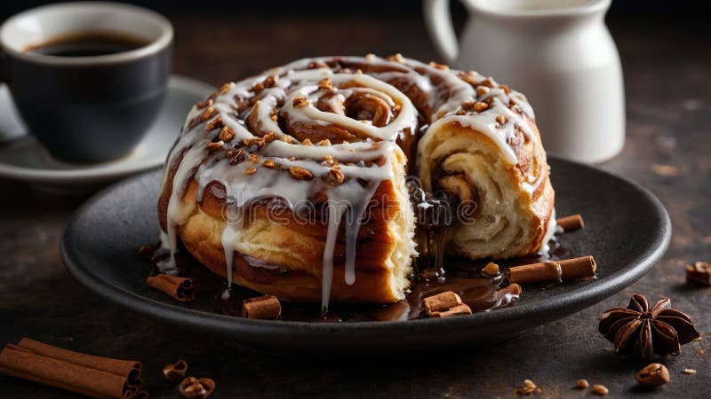 A Delicious Cinnamon Roll Drizzled with Icing, Surrounded by Coffee and Spices Stock ...
