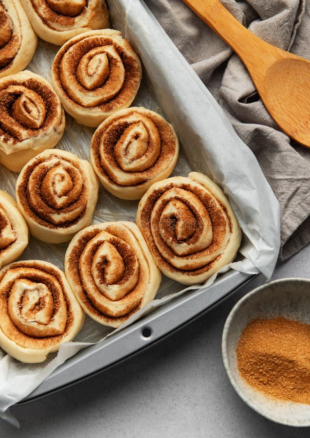 Delicious Cinnamon Rolls Prepared for Baking in a Rectangular Pan Stock ...