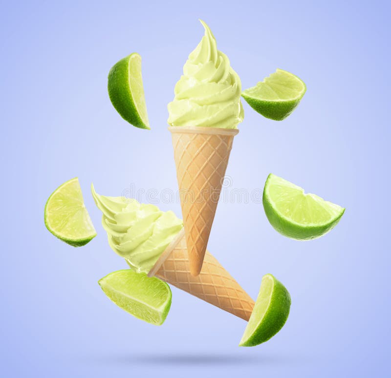Delicious Citrus Ice Cream in Crispy Cones and Pieces of Lime Falling ...
