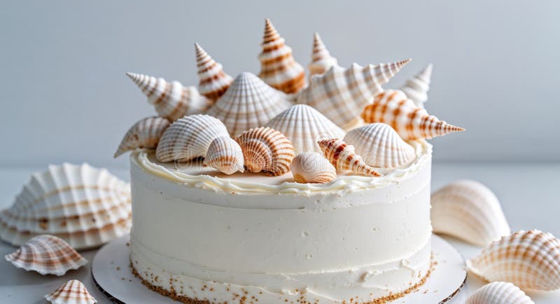 Delicious Coastal Themed Cake Decorated with Cream and Seashells Stock ...