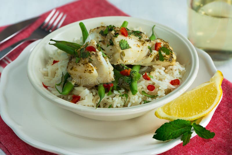 Coconut Curry Cod with Green Beans and Rice Stock Photo - Image of ...