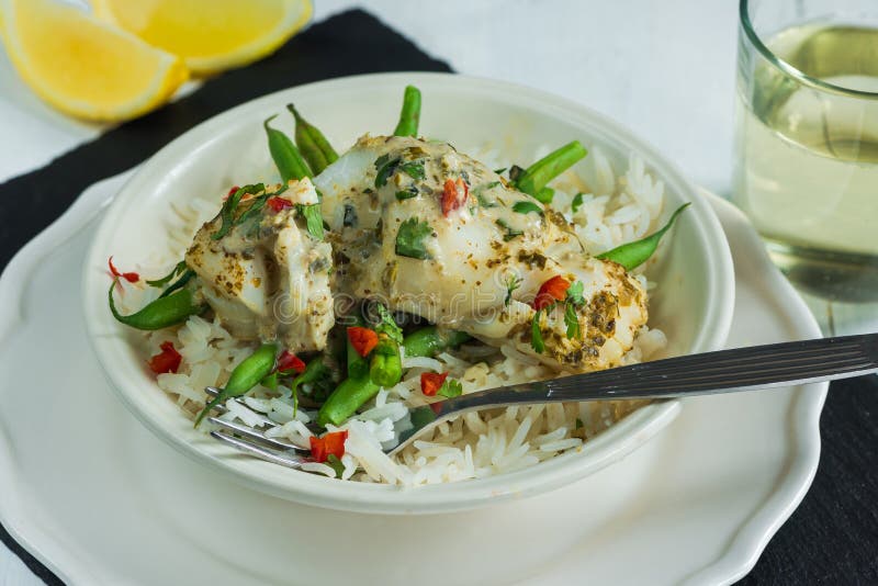 Coconut Curry Cod with Green Beans and Rice Stock Photo - Image of ...