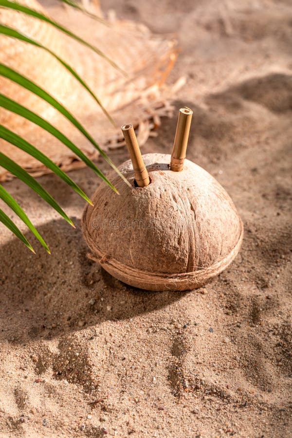 Delicious Coconut Milk in Shell on an Exotic Beach Stock Photo - Image ...