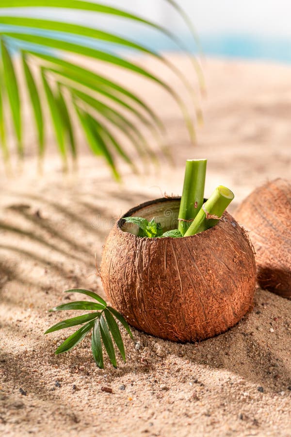 Delicious Coconut Milk in Shell on a Resort Sandy Beach Stock Photo ...