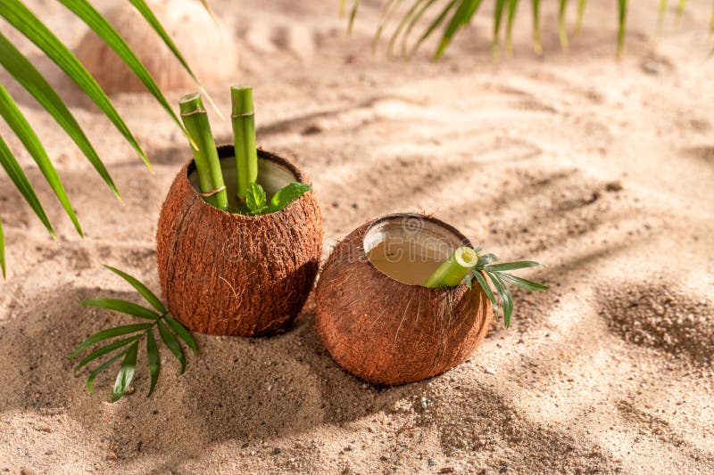 Delicious Coconut Milk in Shell on Sandy Island Beach Stock Photo ...