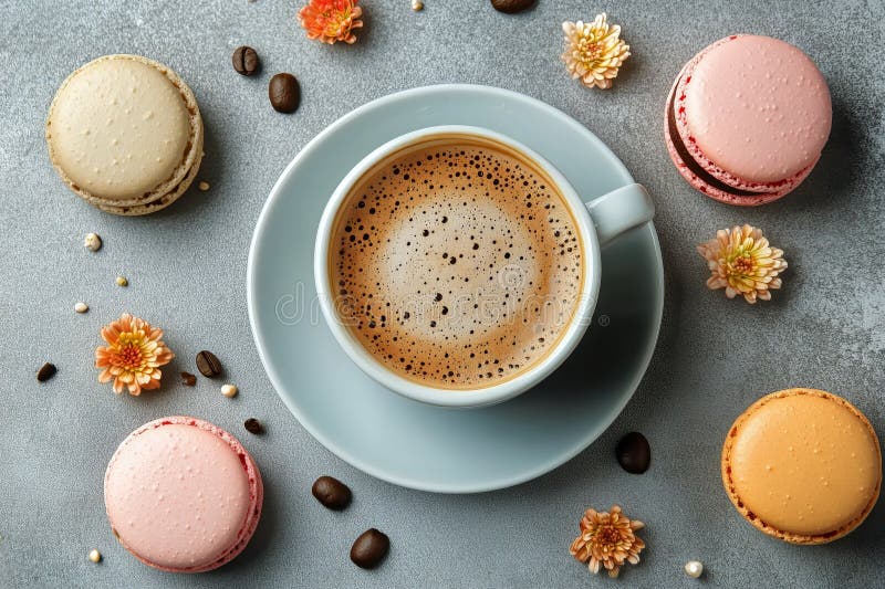 Delicious Coffee with Colorful Macarons and Coffee Beans on a Textured ...
