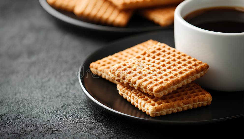 Delicious Coffee and Wafers on Black Table. Space for Text Stock Photo ...
