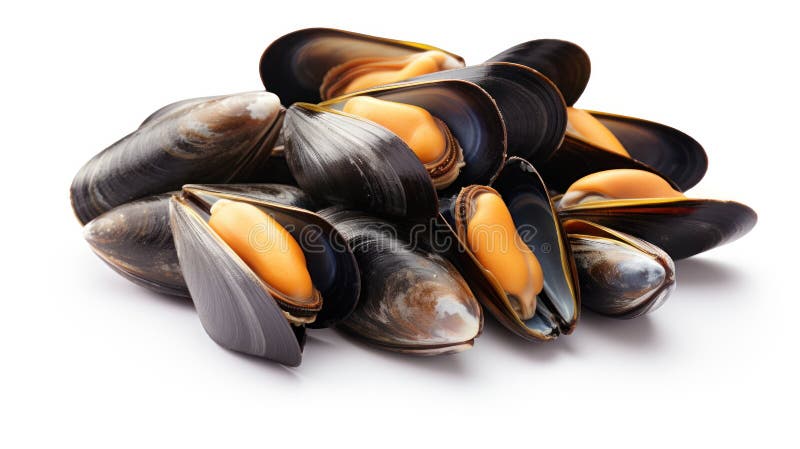 Delicious Cooked Mussels in Shells on White Background, Top View. Stock ...