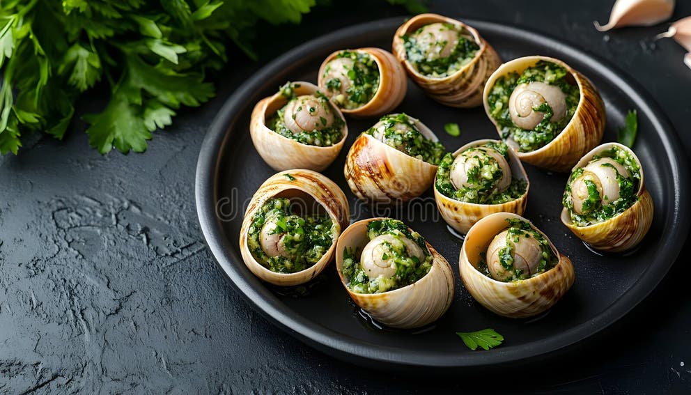 Delicious Cooked Snails with Parsley on Light Table, Top View. Space ...