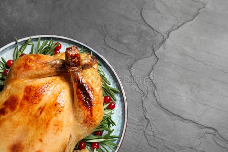 Delicious Cooked Turkey Served on Black Table, Top View with Space for ...