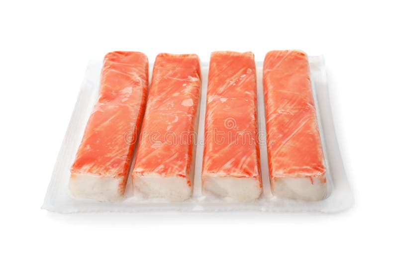 Delicious Crab Sticks in Plastic Packaging Isolated on White Stock ...