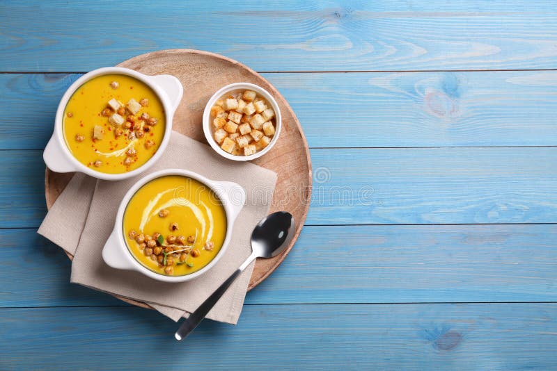 Delicious Cream Soup with Chickpeas on Light Blue Wooden Table, Top ...