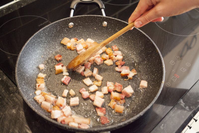 Delicious Crispy Bacon on the Frying Pan Stock Photo - Image of close ...
