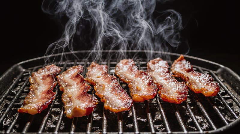 Delicious Crispy Bacon Strips Cooking on a Grill with Smoke and ...