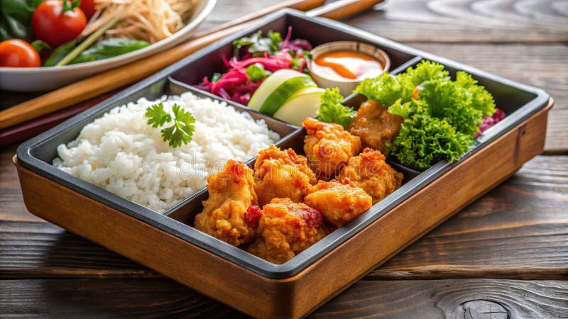 Delicious Crispy Chicken Bento Box with Rice and Vegetables. Generative ...