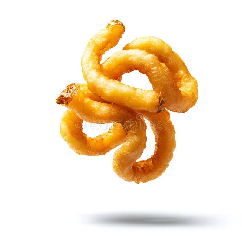 Delicious Crispy Curly Fries Floating Isolated on White Background ...