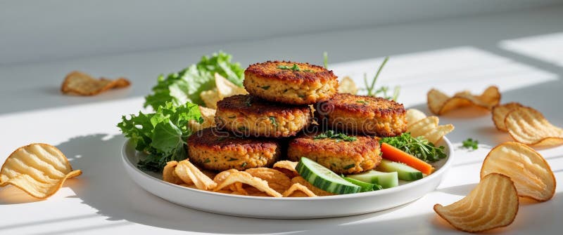 Delicious Crispy Fish Cakes with Chips and Vegetables Stock Image ...