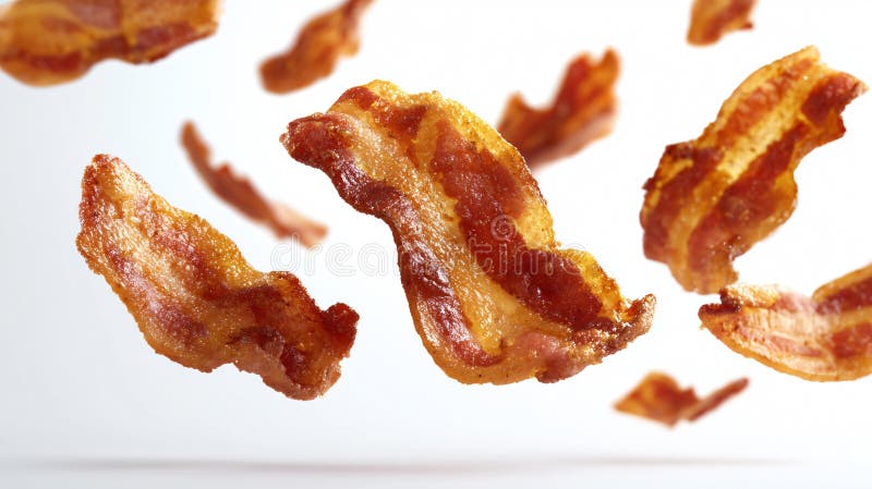 Delicious Crispy Fried Bacon Slices Flying on White Background Stock ...