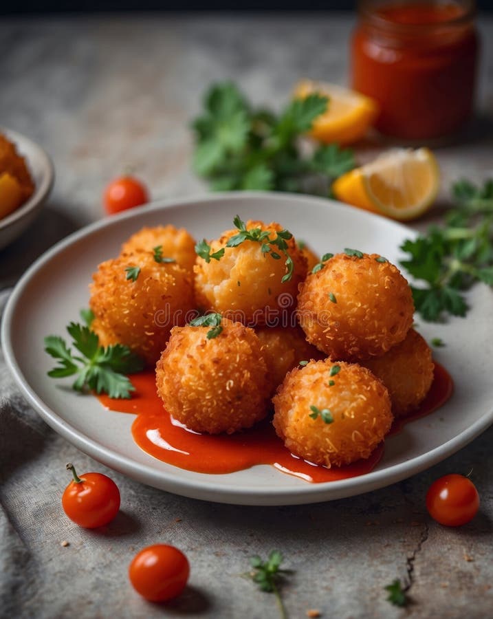 Delicious Crispy Fried Cheese Balls with Tomato Sauce. Stock ...