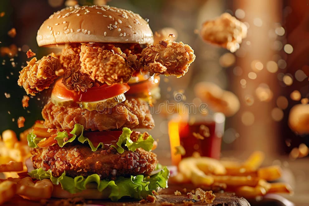 Delicious Crispy Fried Chicken Burger Exploding on Wooden Table Stock ...