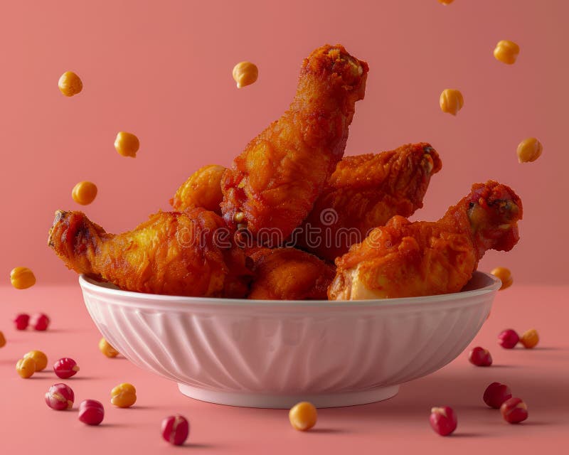 Delicious Crispy Fried Chicken Drumsticks in White Bowl with Falling ...