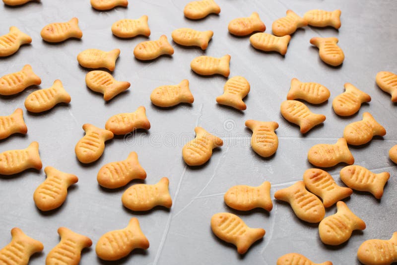 Delicious Crispy Goldfish Crackers on Grey Table Stock Photo - Image of ...