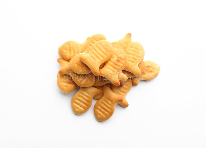 Delicious Crispy Goldfish Crackers on White Background, Top View Stock ...