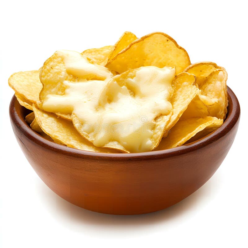 Delicious Crispy Potato Chips with Melted Cheese in Wooden Bowl Stock ...