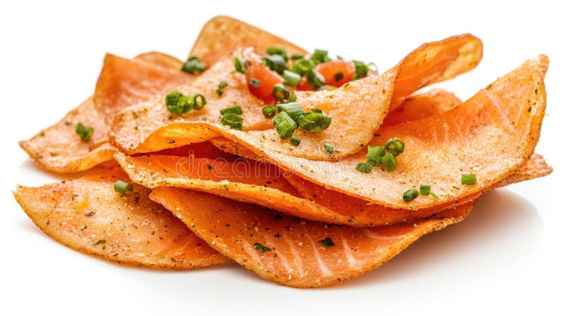 Delicious and Crispy Salmon Chips Garnished with Fresh Herbs, Perfect for Snacking or As a ...