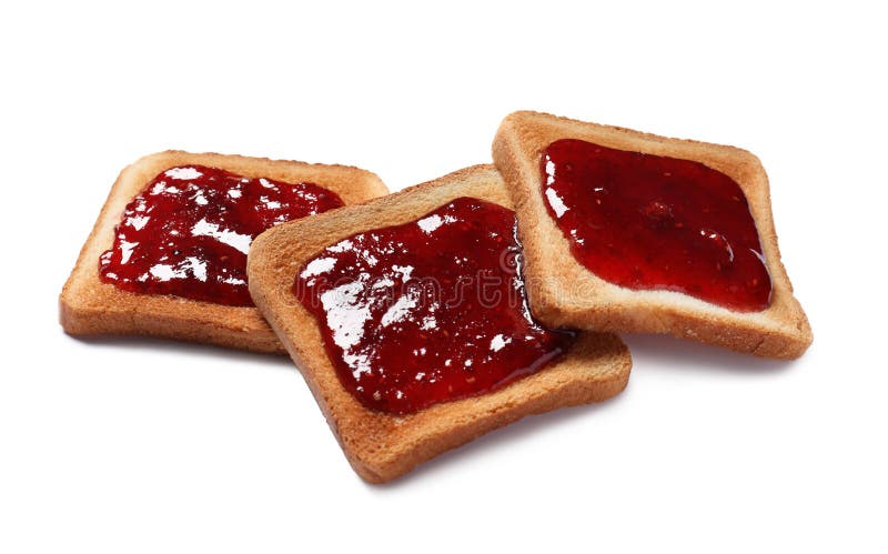 Delicious Crispy Toasts with Berry Jam on White Background Stock Photo ...