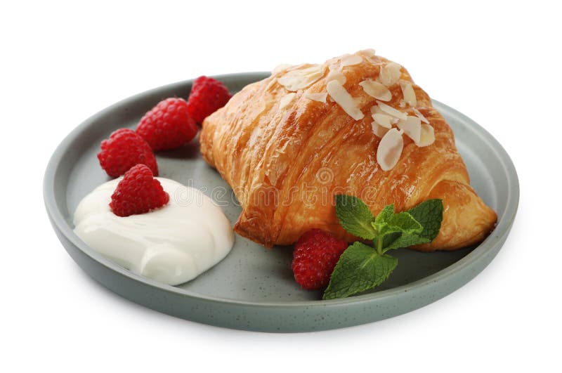 Delicious Croissant, Cream Cheese and Raspberries Isolated on White ...