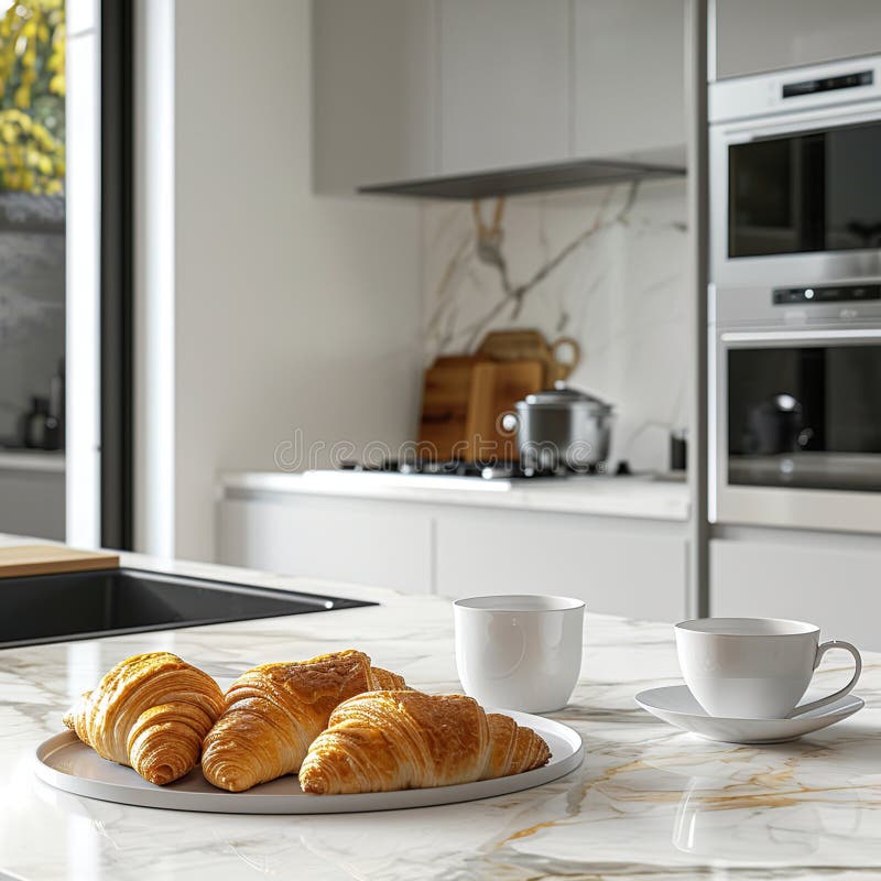 Delicious Croissants and Coffee Cups on a Marble Kitchen Counter Stock ...
