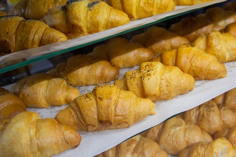 Delicious Croissants on the Store Showcase Stock Photo - Image of baked ...
