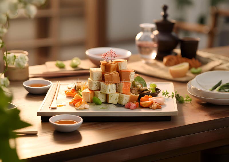 Delicious Cubed Dessert Tower with Fruit on a Rectangular Plate Stock ...