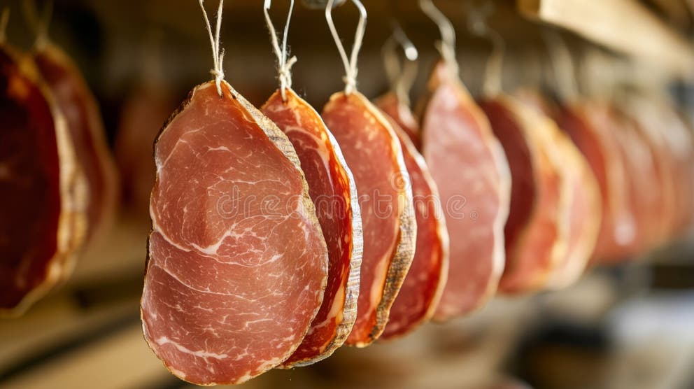 Delicious Cured Meat Hangs Drying in Rows Stock Illustration ...