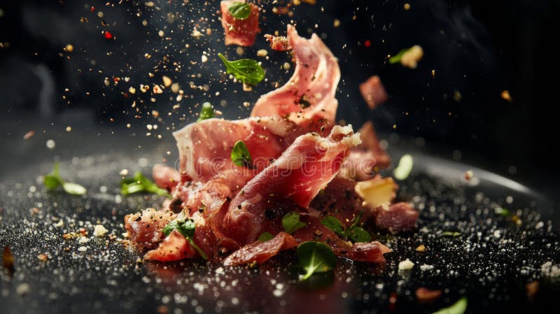 Delicious Cured Meat with Spices and Herbs on Dark Plate Stock ...