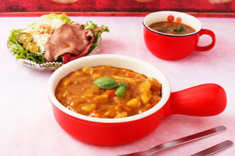 Delicious Red Curry with Coconut Milk, Shrimps and Kaffir Leaves Stock ...