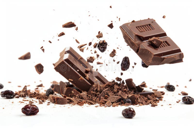 Chocolate Bar Pieces Exploding with Raisins on White Background Stock ...