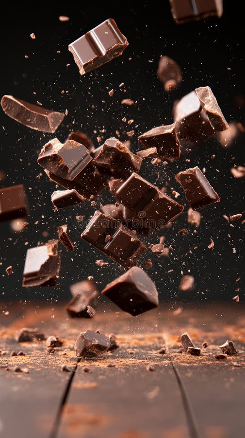 Delicious Dark Chocolate Chunks Exploding on Wooden Table Stock Photo ...