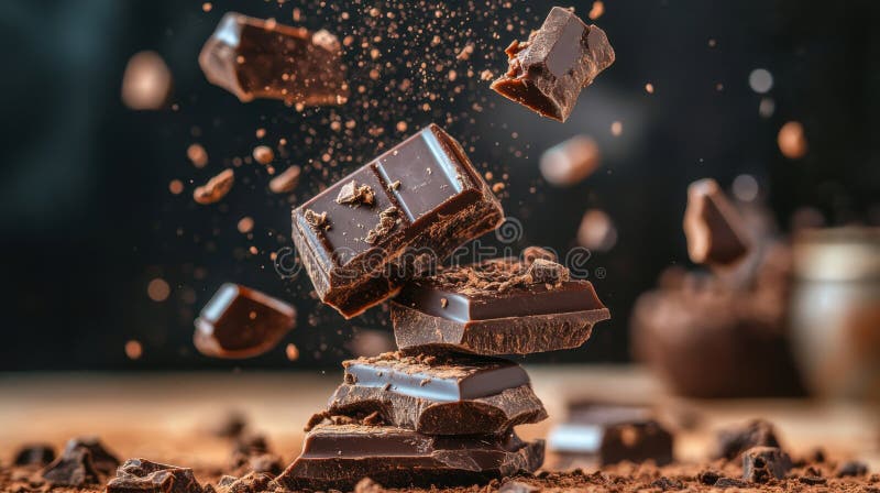 Delicious Dark Chocolate Pieces Exploding with Cocoa Powder Stock ...