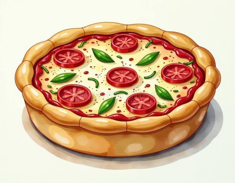 Delicious Deep Dish Pizza with Tomatoes and Basil Stock Illustration ...